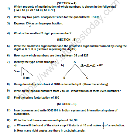 CBSE Class 6 Mathematics Question Paper Set 2